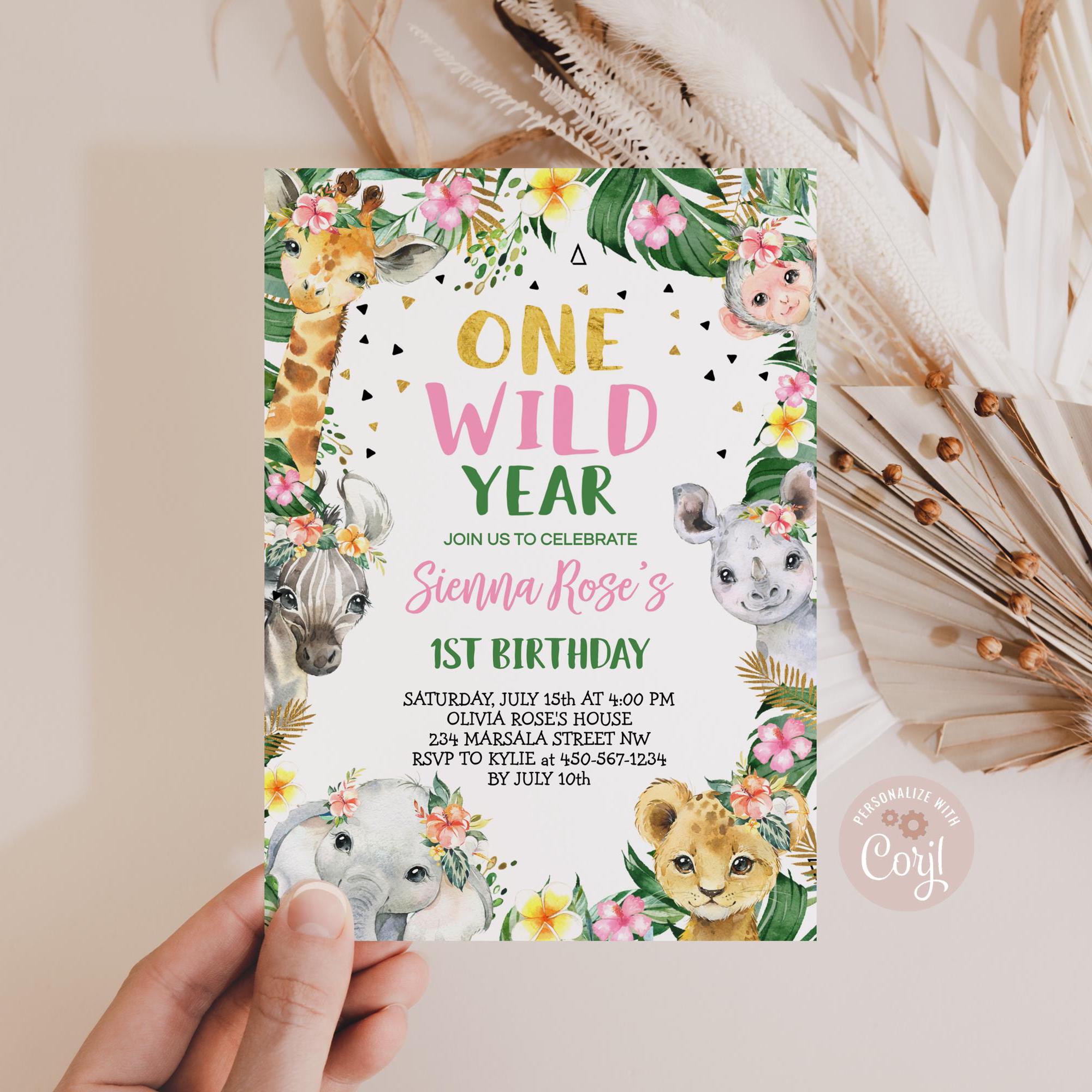 Editable ONE Wild Year Birthday Photo Invitation ONE Wild Year Jungle ...