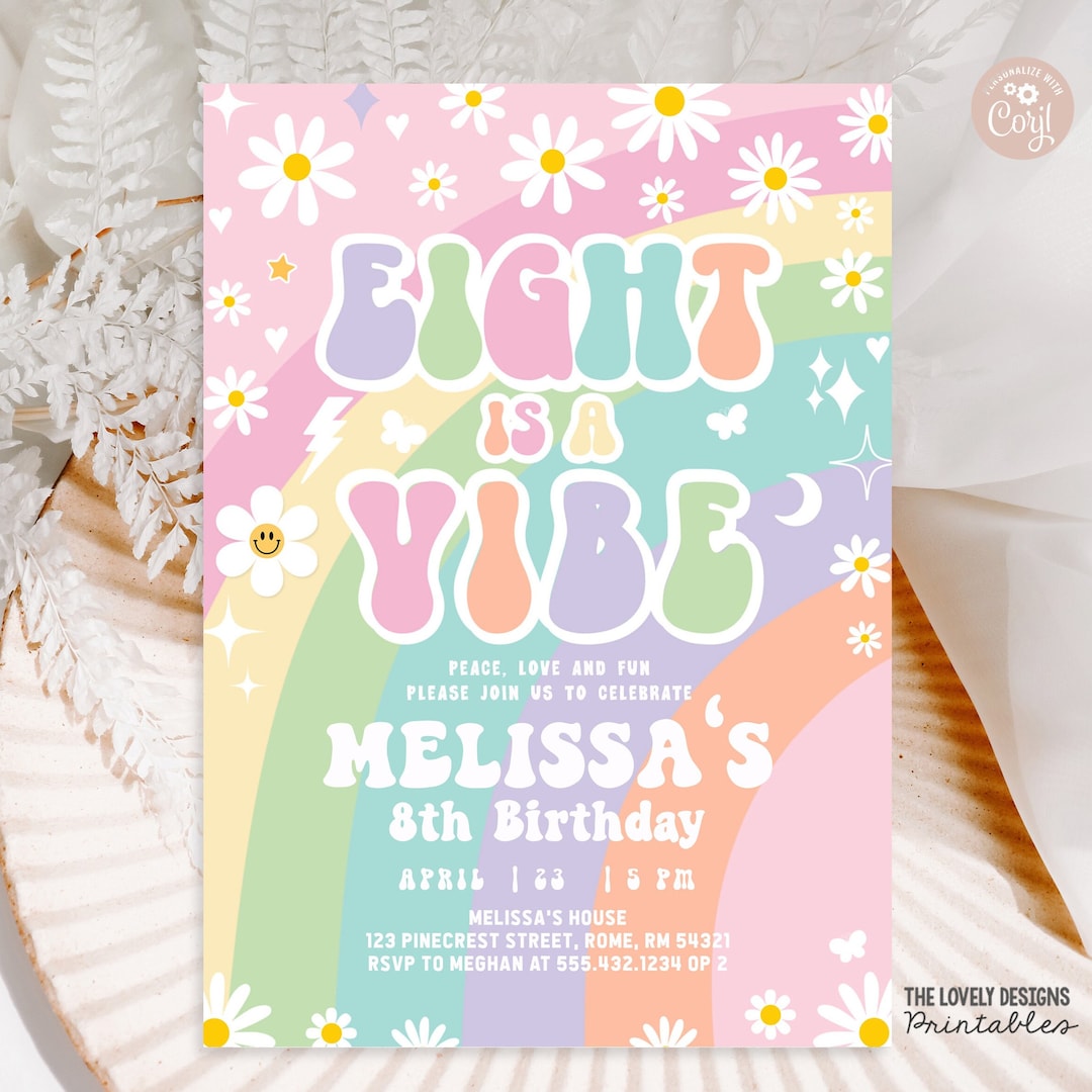 EDITABLE Eight is A Vibe Daisy Groovy 8th Birthday Invitation Groovy ...