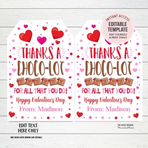 Valentines Day Chocolate Tag Valentine Thanks a Choco-lot Label Teacher ...