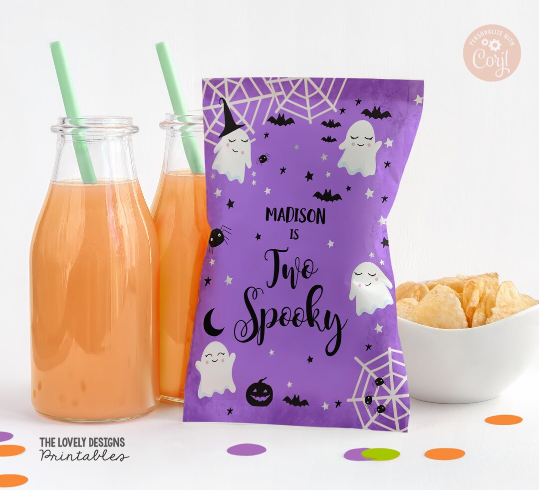 Editable Halloween Chip Bag Wrapper Purple Ghost Two Spooky Favor Bags ...