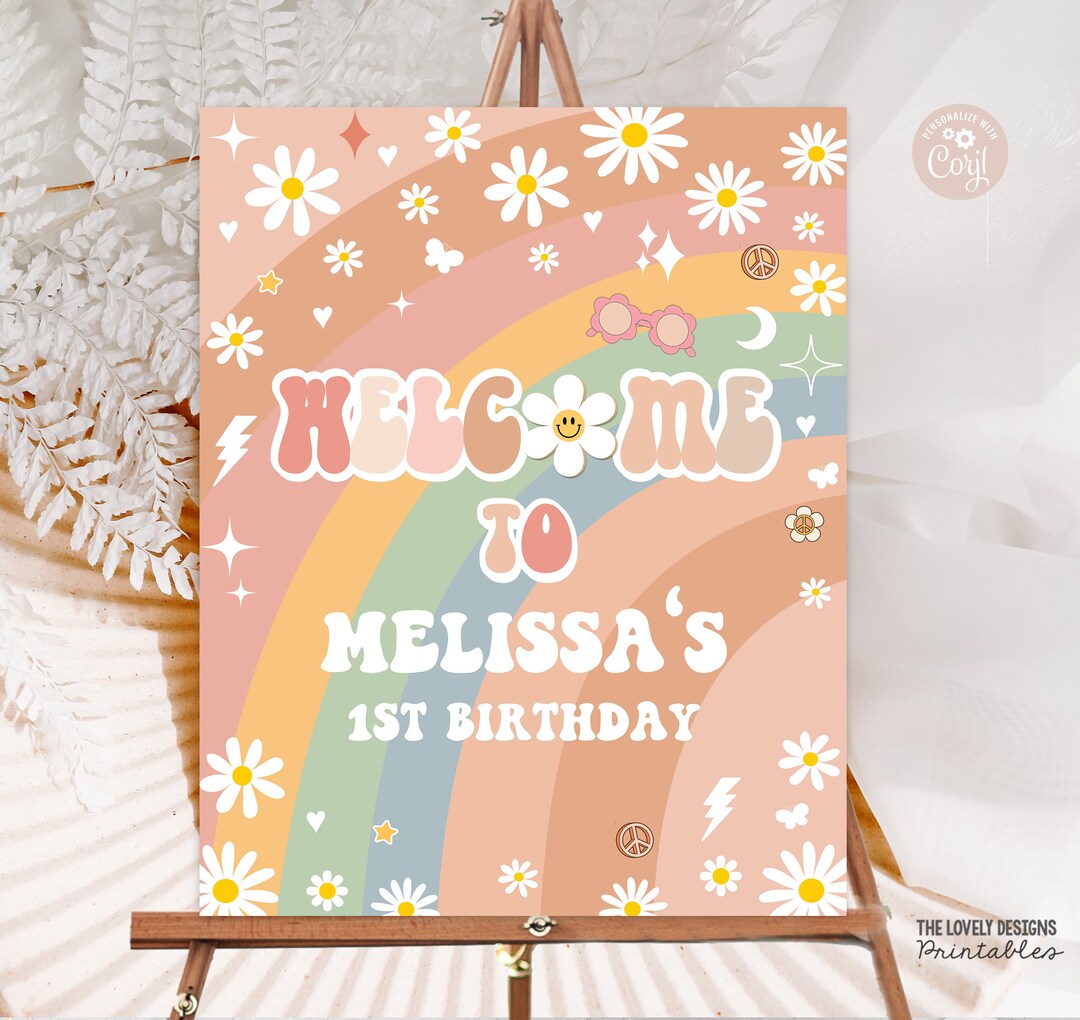 EDITABLE Groovy Welcome Sign Daisy Groovy Birthday Sign Rainbow Retro ...