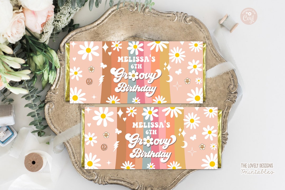EDITABLE Groovy Candy Bar Wrapper Groovy Birthday Daisy Rainbow Orange ...