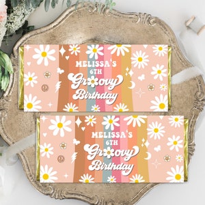 EDITABLE Groovy Candy Bar Wrapper Groovy Birthday Daisy Rainbow Orange ...