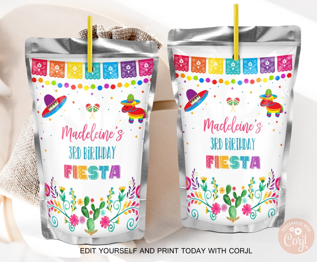 EDITABLE Piñata Fiesta Juice Pouch Label Pinata Fiesta Girl Birthday ...