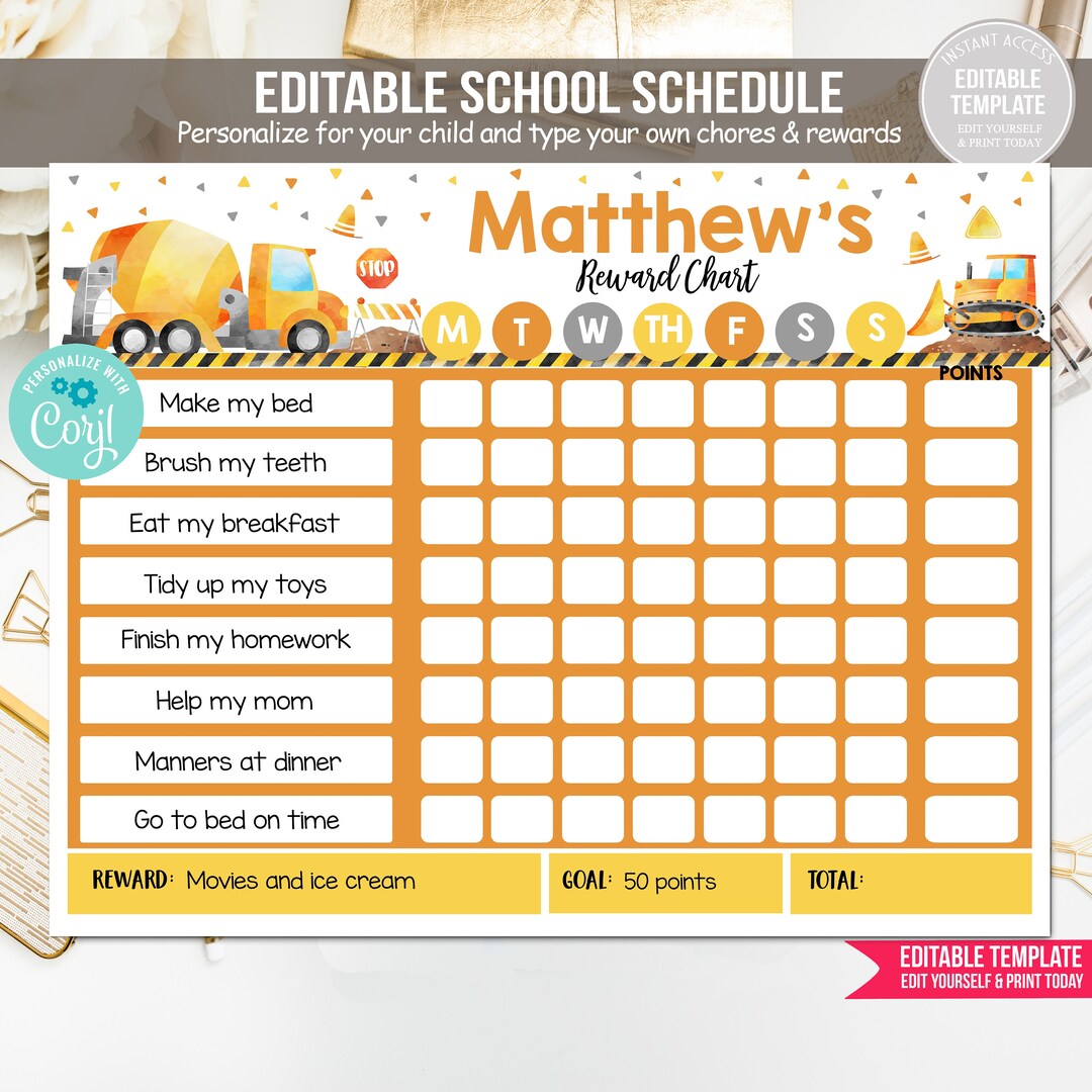 Editable Construction Reward Chart Construction Reward for Kids Routine ...