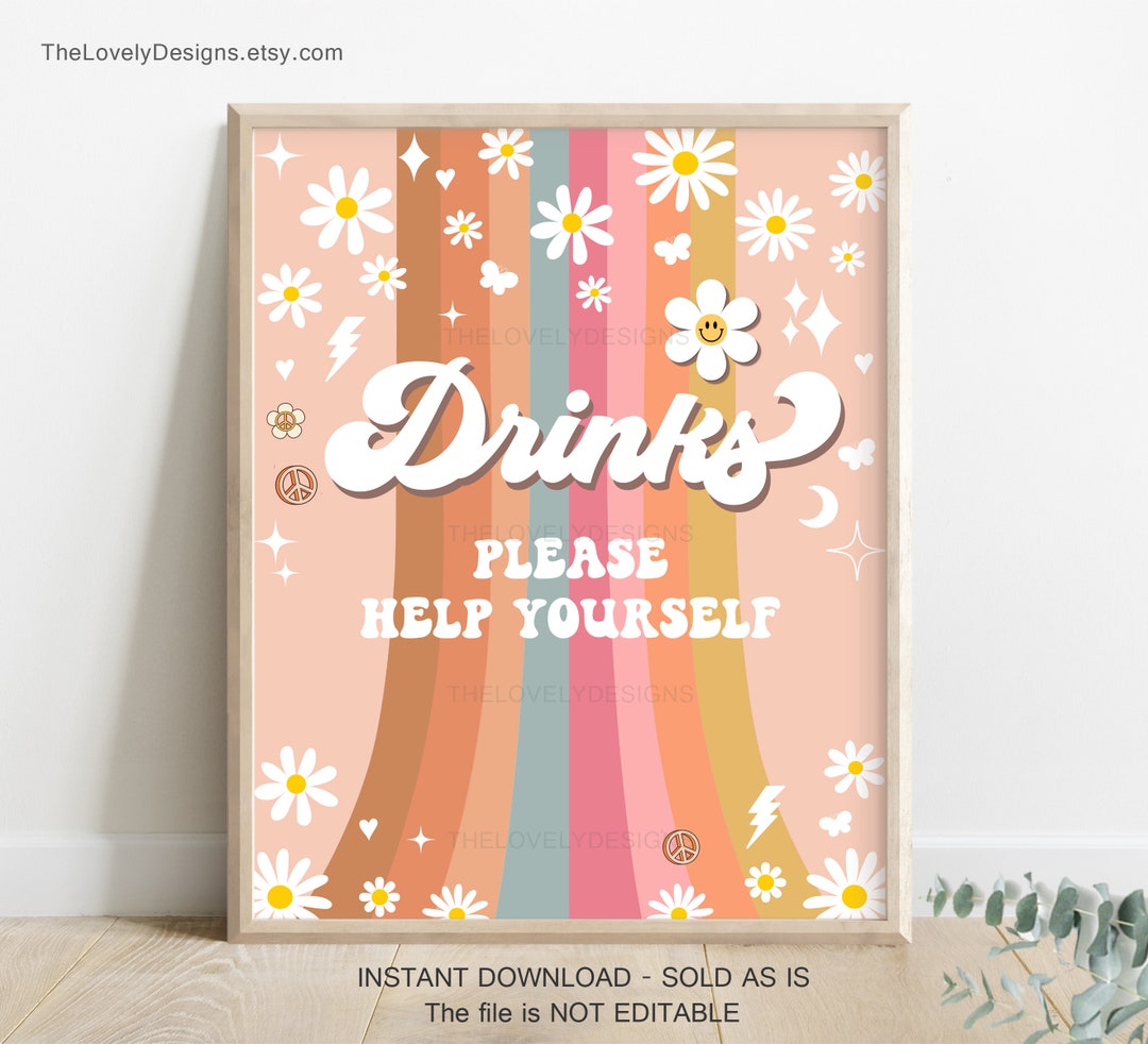 Retro Drinks Please Help Yourself Sign Groovy Birthday Rainbow Orange ...