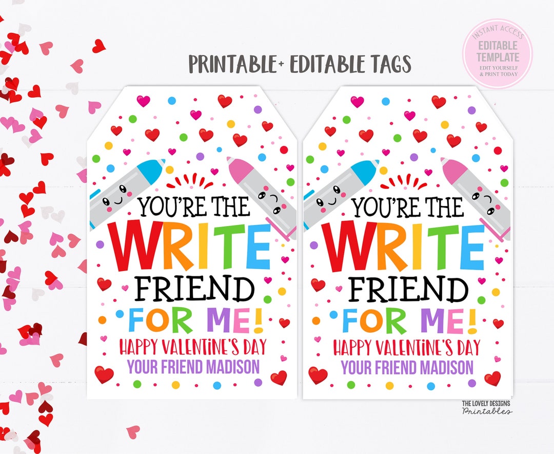 Valentine' S Day Pencil Gift Tags You're the Write Friend for Me Tag ...