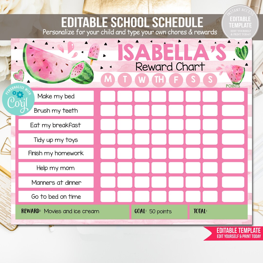 Editable Watermelon Reward Chart Pink Reward for Kids Routine Chart ...