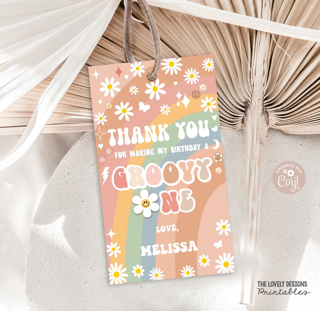 EDITABLE Groovy One Favor Tag Groovy Daisy Rainbow Hippie Retro 70s ...