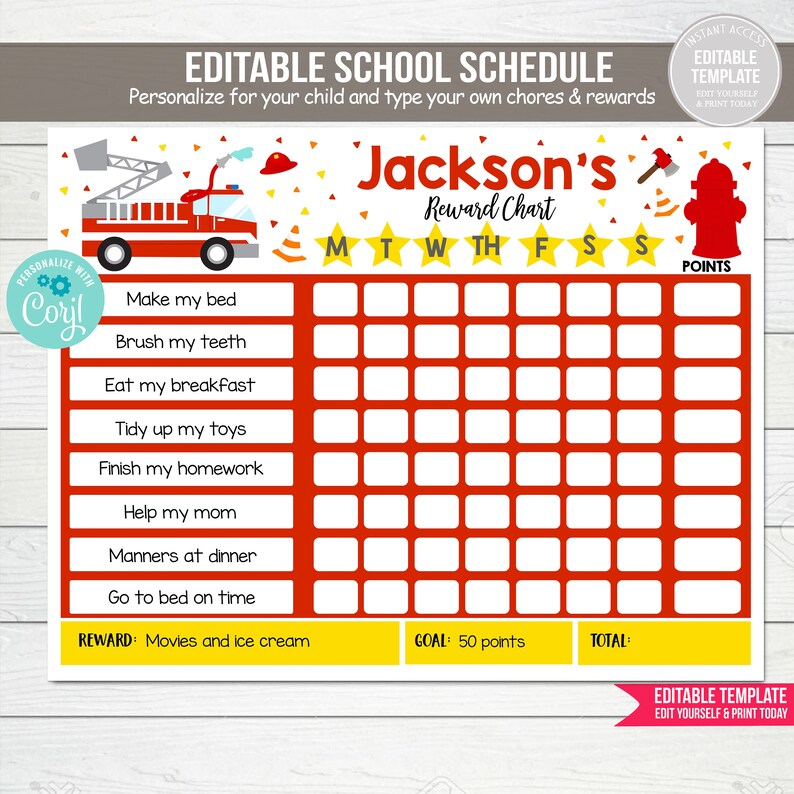 Editable Fire Firefighter Reward Chart Fireman Reward for Kids Routine ...