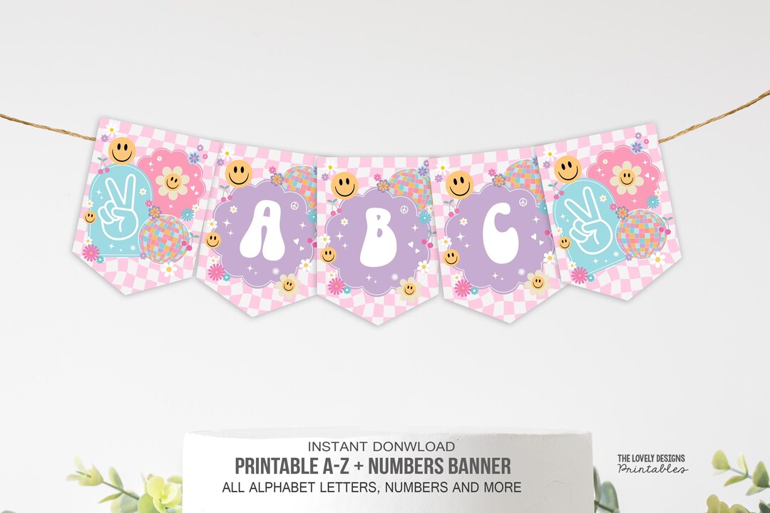 Banner A-Z Alphabet Numbers Smile Face Retro Groovy Birthday Bunting ...
