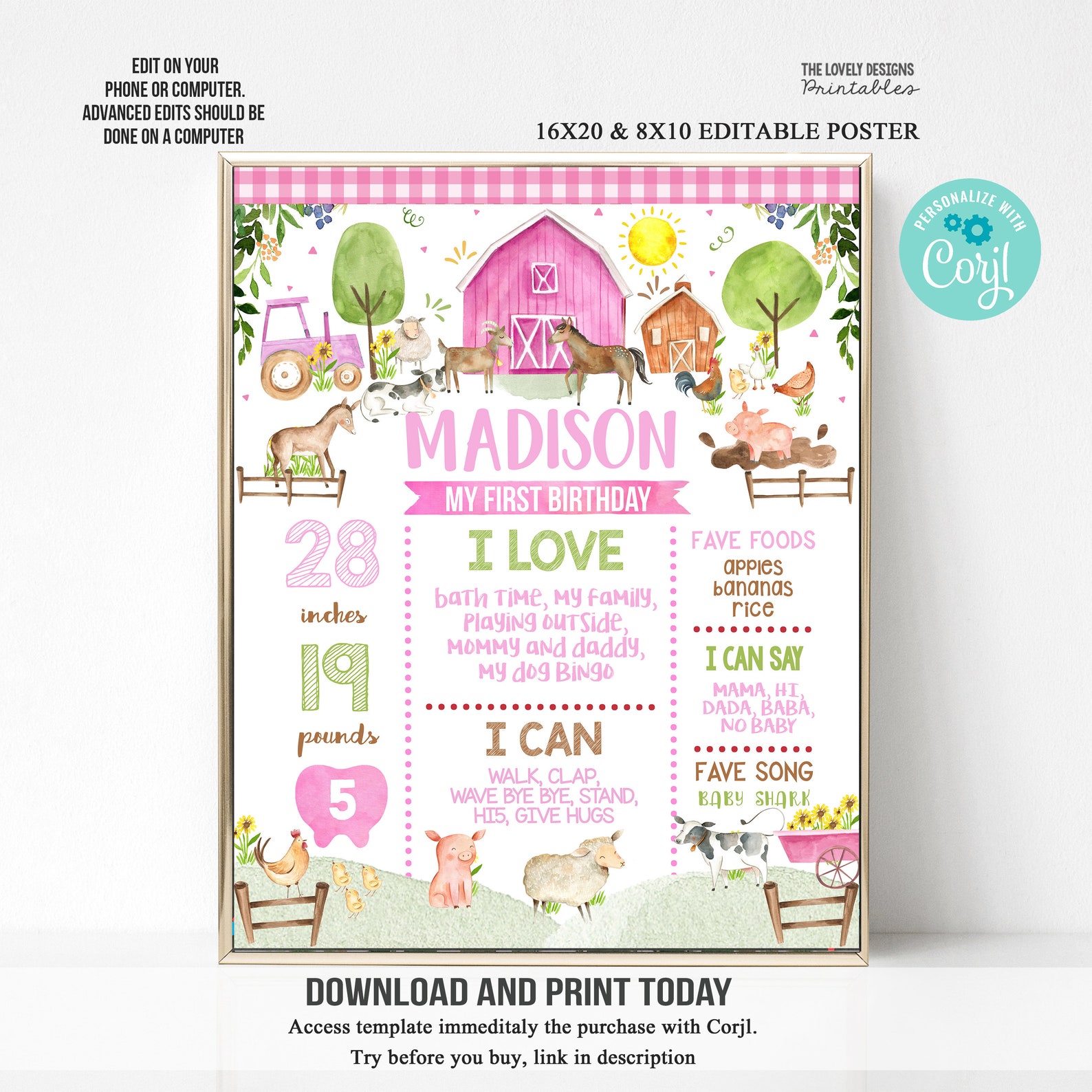 EDITABLE Farm Girl Birthday Milestone Poster Farm Animals Pink | Etsy