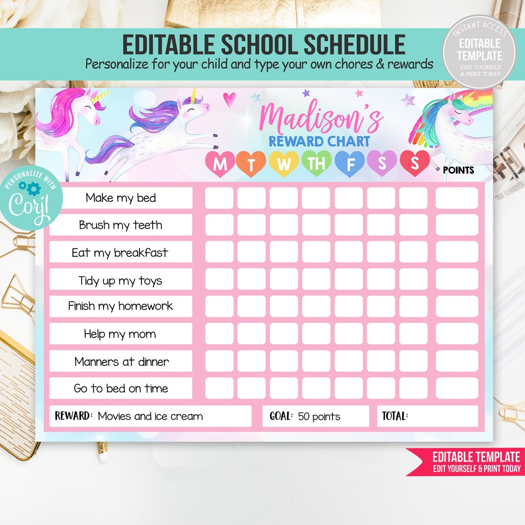 Unicorn Reward Chart, EDITABLE Template, Reward Chart for Kids, Unicorn ...