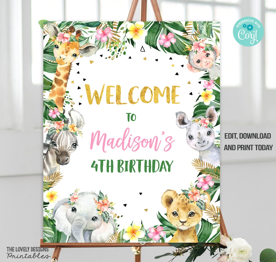 Editable Jungle Welcome Sign Jungle Birthday Party Sign Jungle Girl ...