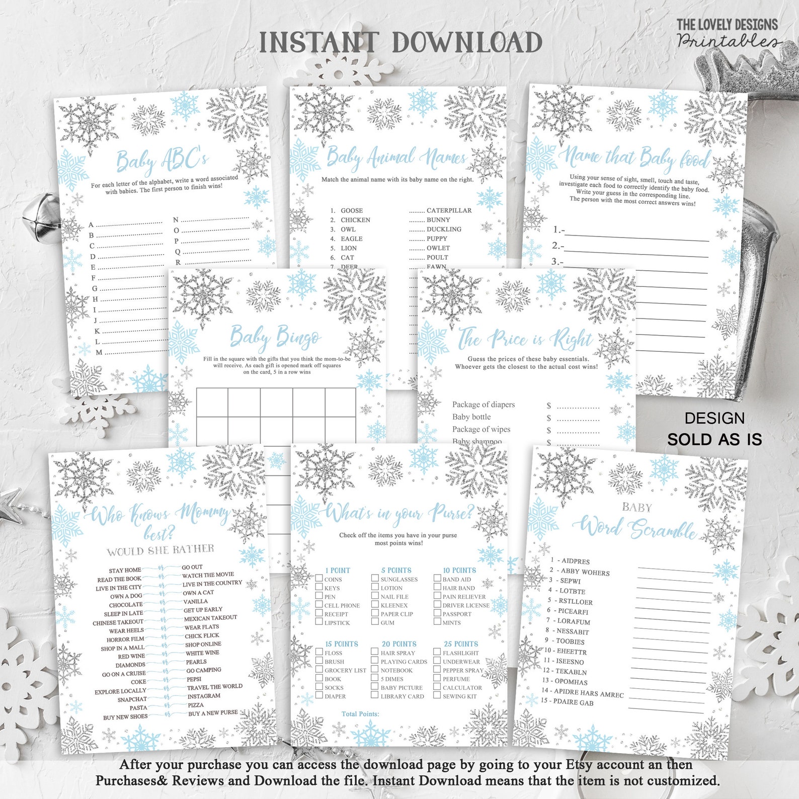 Winter Baby Shower Games Package Snowflakes Blue and Silver X8 Games ...