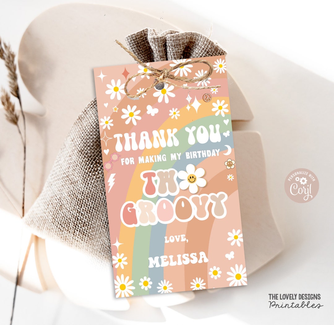 EDITABLE Two Groovy Favor Tag Groovy Daisy Rainbow Hippie Retro 70s ...
