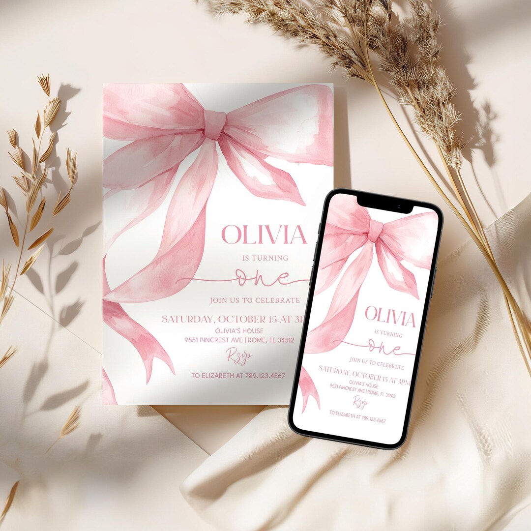 Pink Bow Birthday Invitation, Pink Coquette Bow Birthday Invitation ...