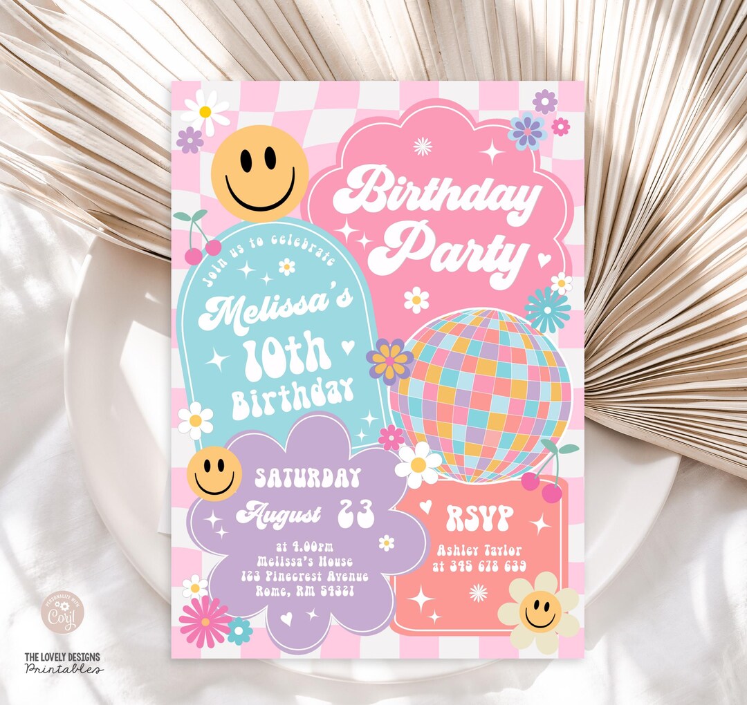 Editable Retro Groovy Checkered Smile Face Invitation Birthday Party ...
