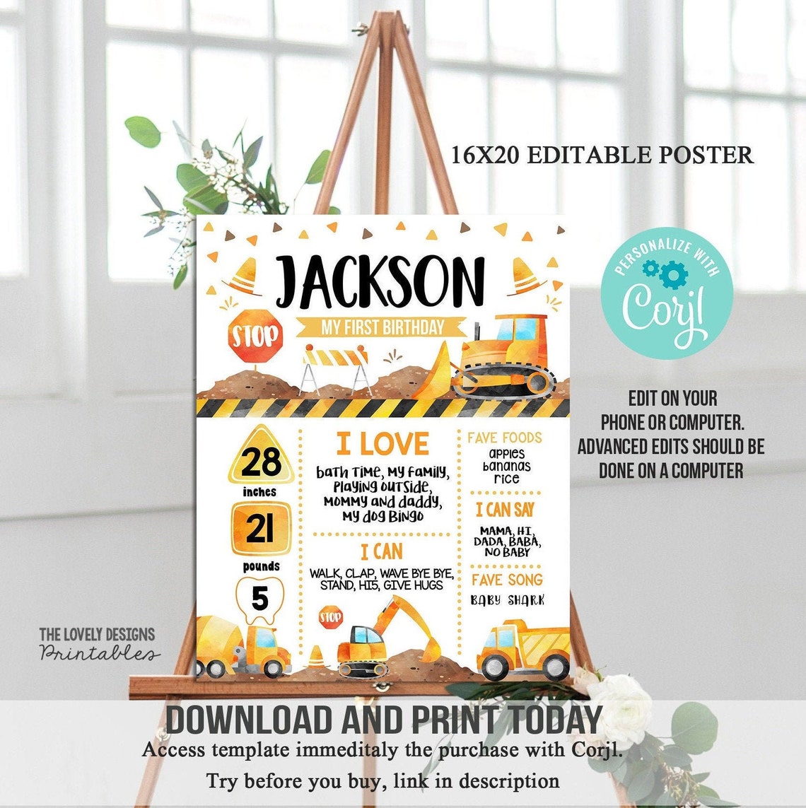 Editable Construction Birthday Milestone Poster Construction Workers ...
