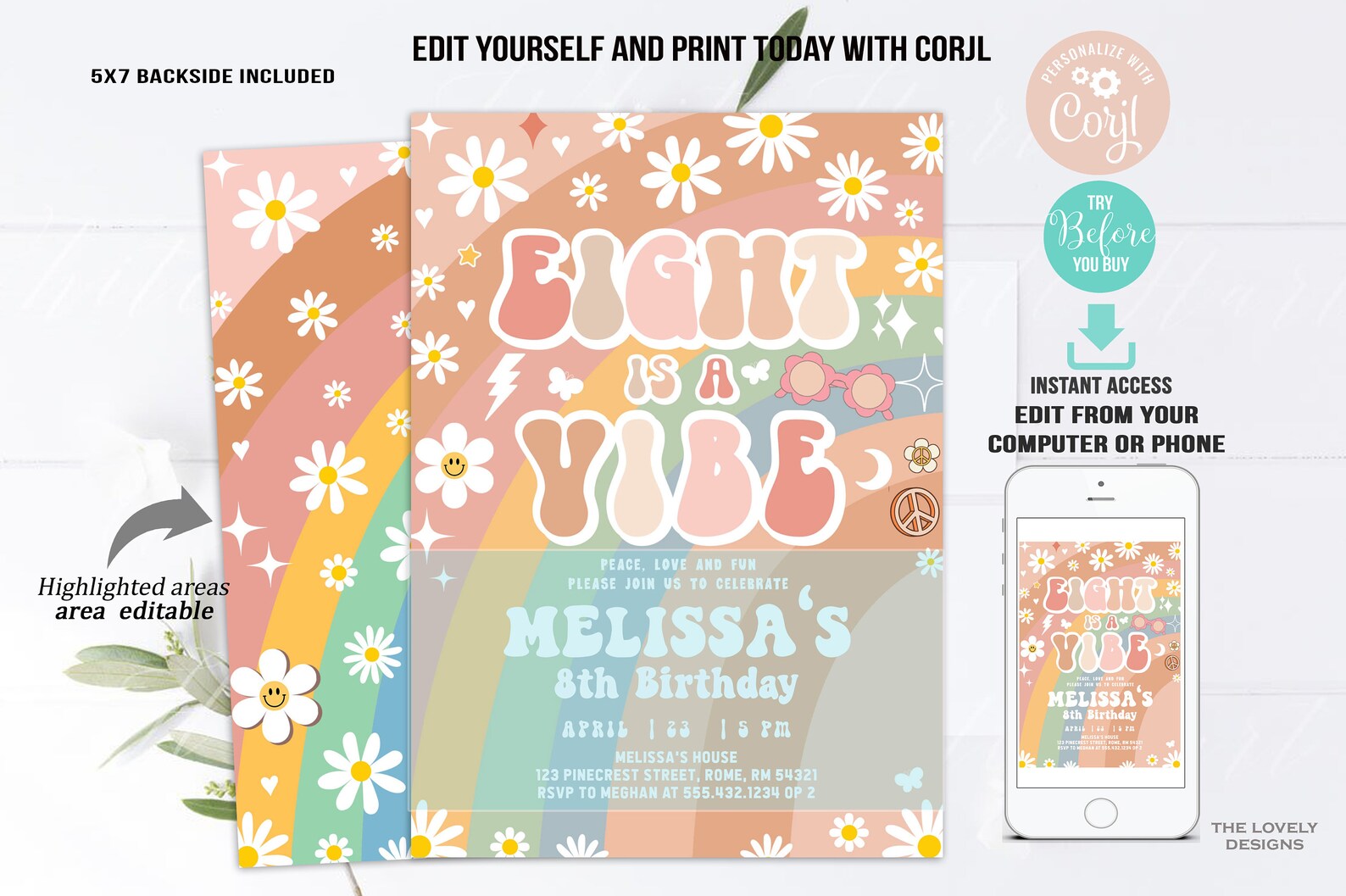 EDITABLE Eight is A Vibe Groovy 8th Birthday Party Invitation Daisy ...
