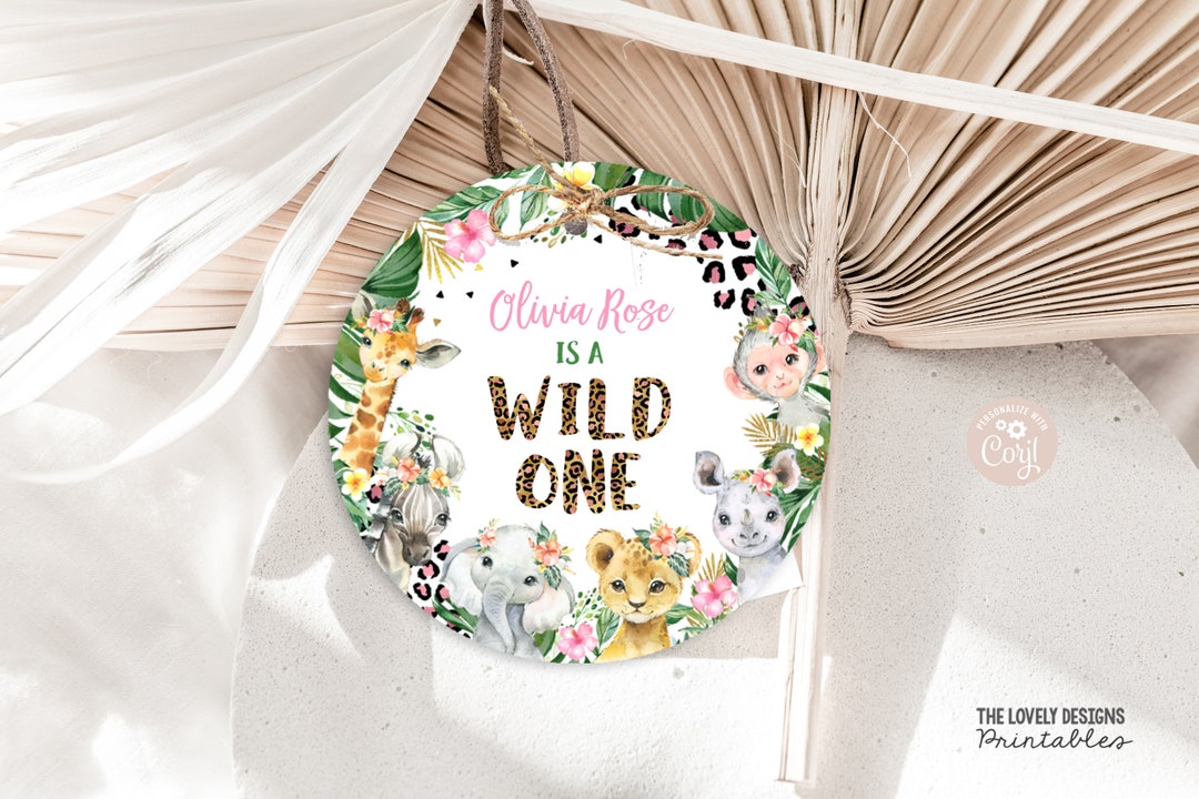 Editable Wild One Gift Tag 2" Leopard Print 1st Birthday Party Circle ...