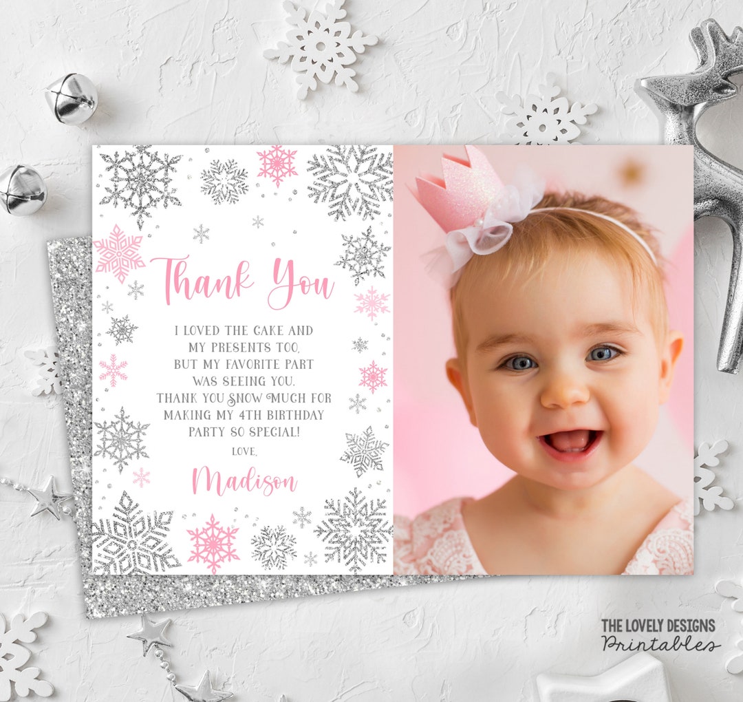 EDITABLE Winter Thank You Card With Photo Winter Birthday Snowflakes ...