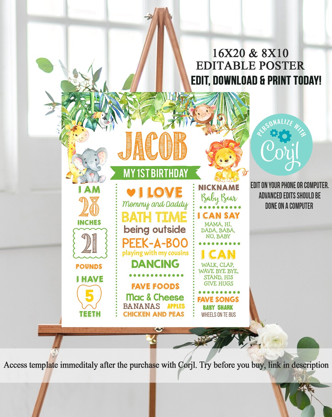 Jungle Birthday Chalkboard Wild One 1st Birthday Chalkboard Safari ...