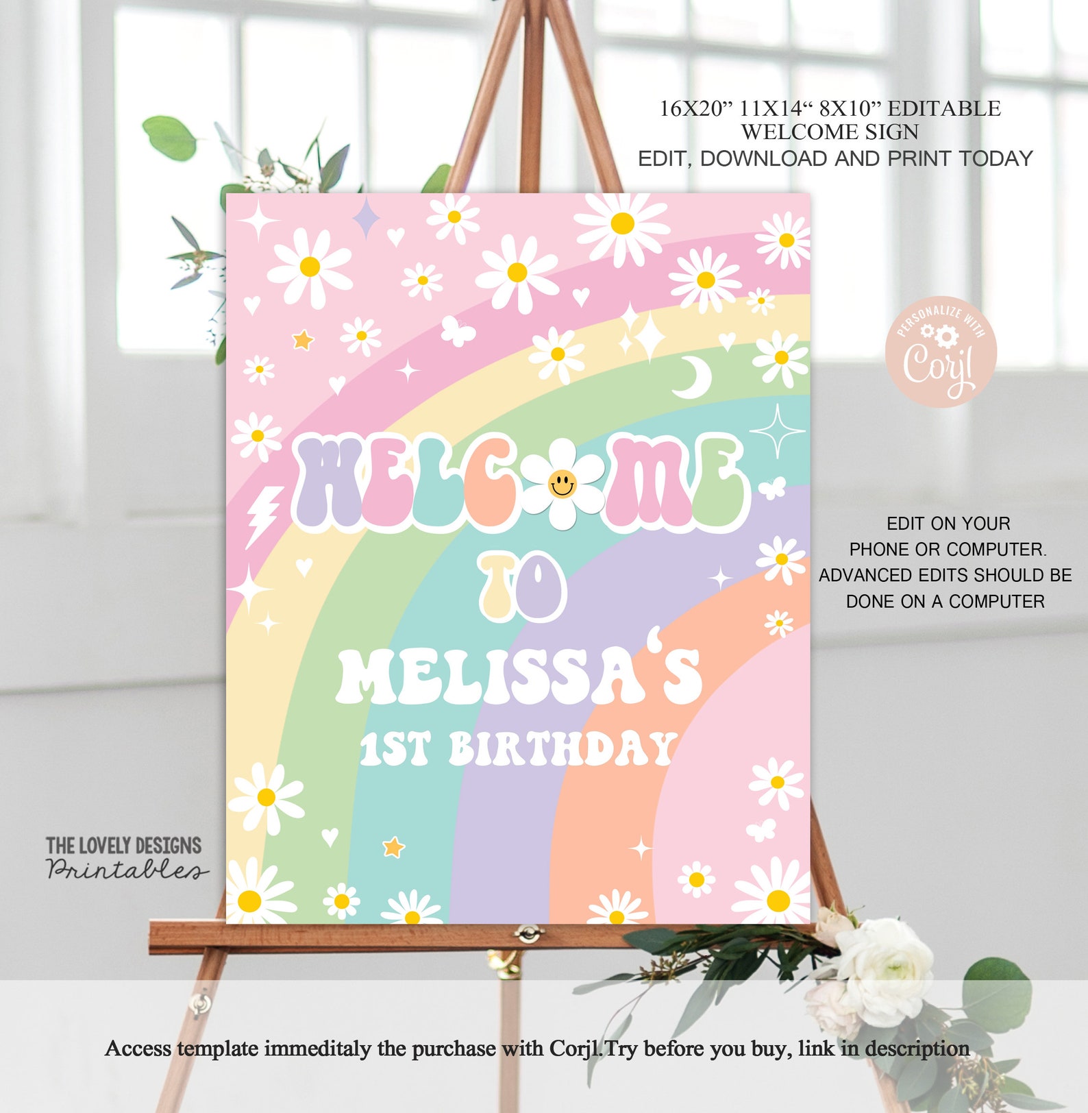 EDITABLE Daisy Groovy Welcome Sign Groovy Birthday Rainbow - Etsy