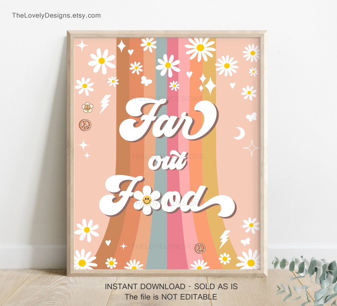 Retro Far Out Food Sign Groovy Birthday Rainbow Orange Blue Sign Baby ...