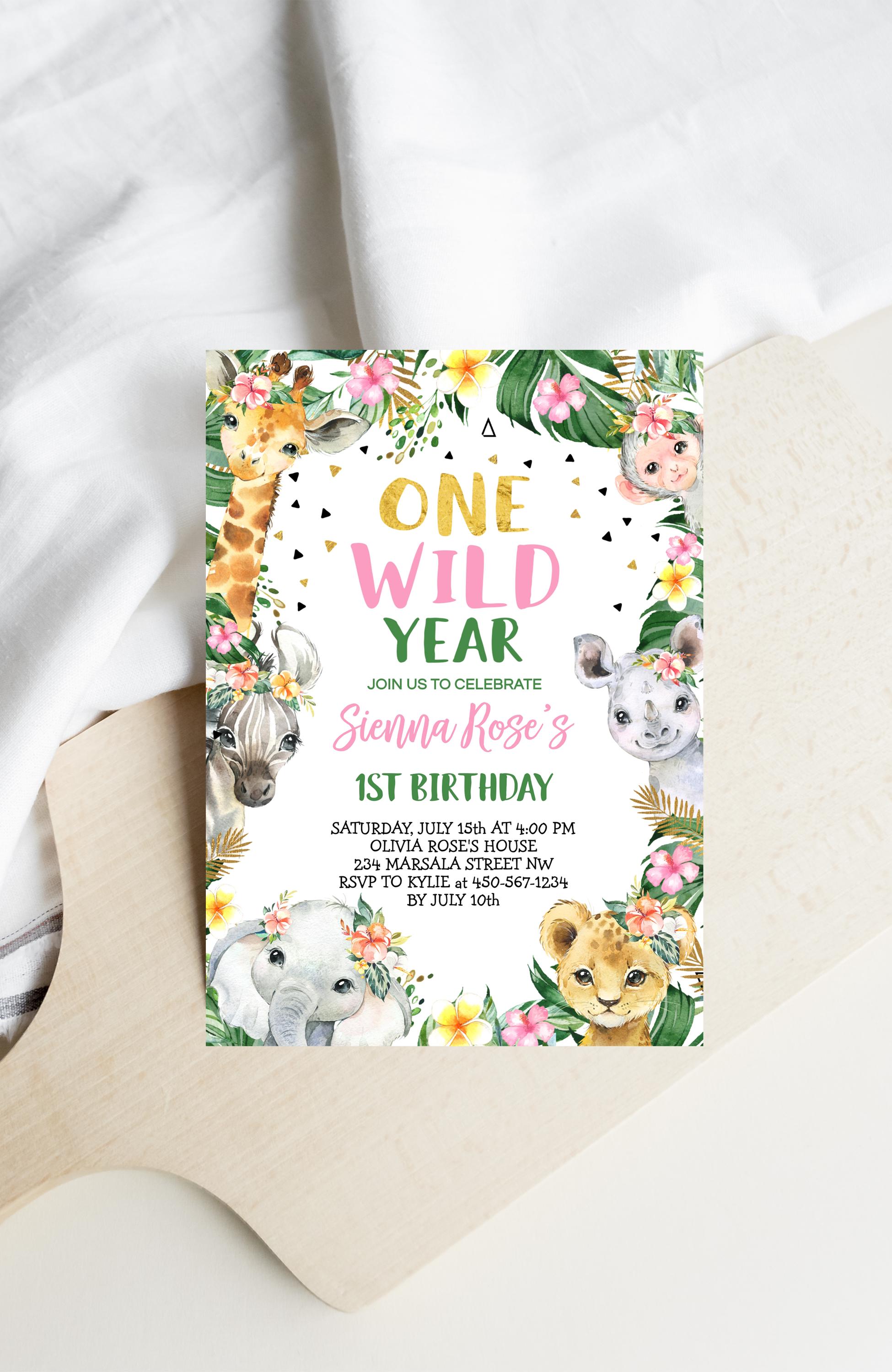 Editable ONE Wild Year Birthday Photo Invitation ONE Wild Year Jungle ...