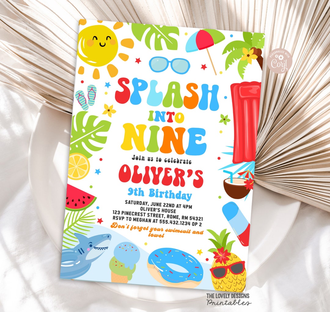 Splash Into Nine 9th Birthday Pool Party Editable Invitation Summer ...