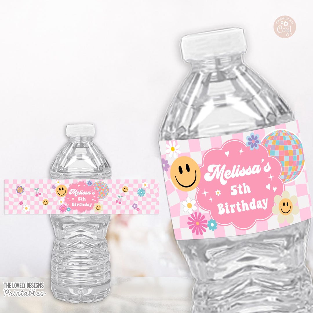 EDITABLE Bottle Label Smile Face Retro Groovy Birthday Label Emoji ...