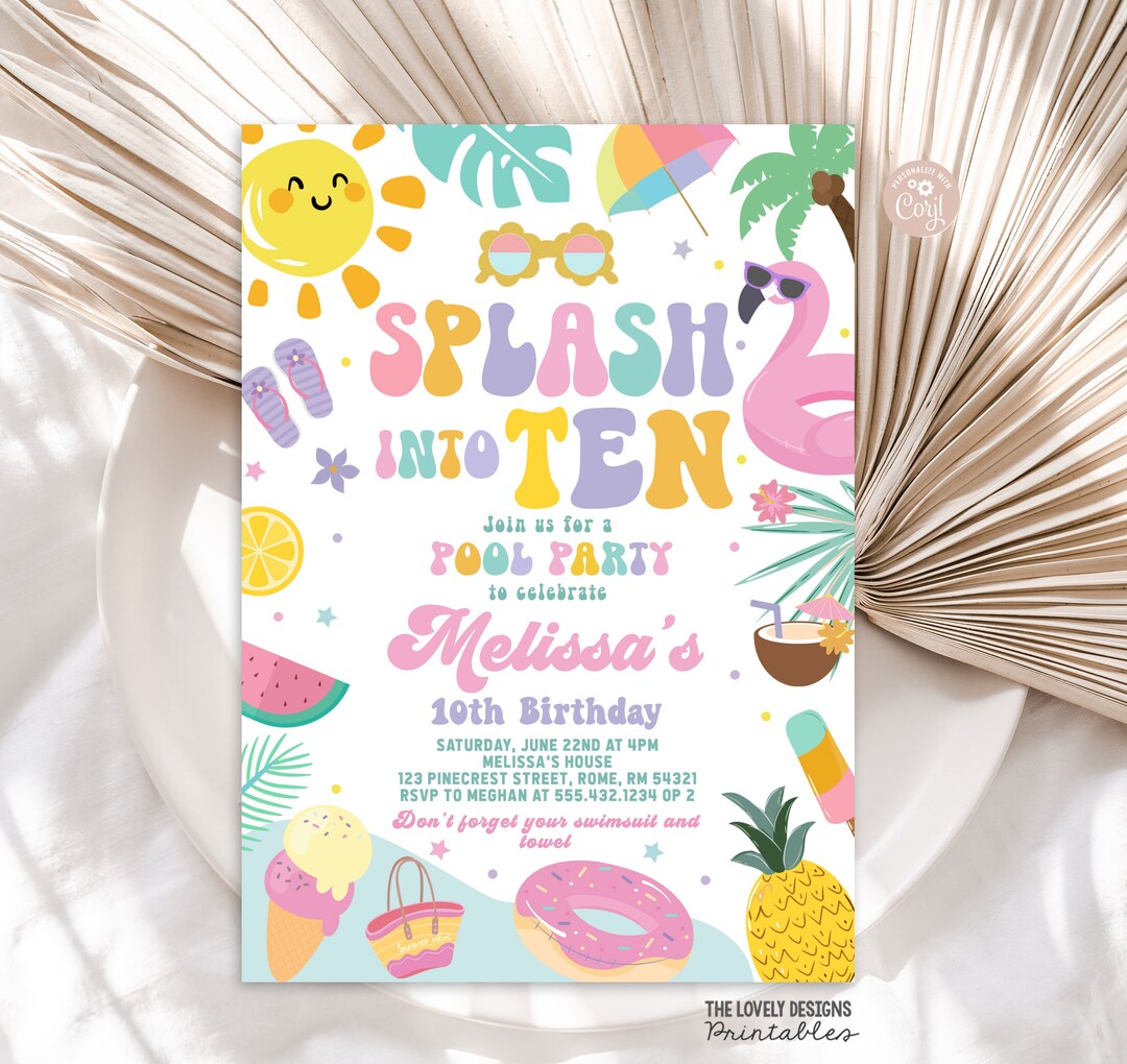 Editable Splash Into Ten 10th Birthday Pool Party Invitation Splish ...