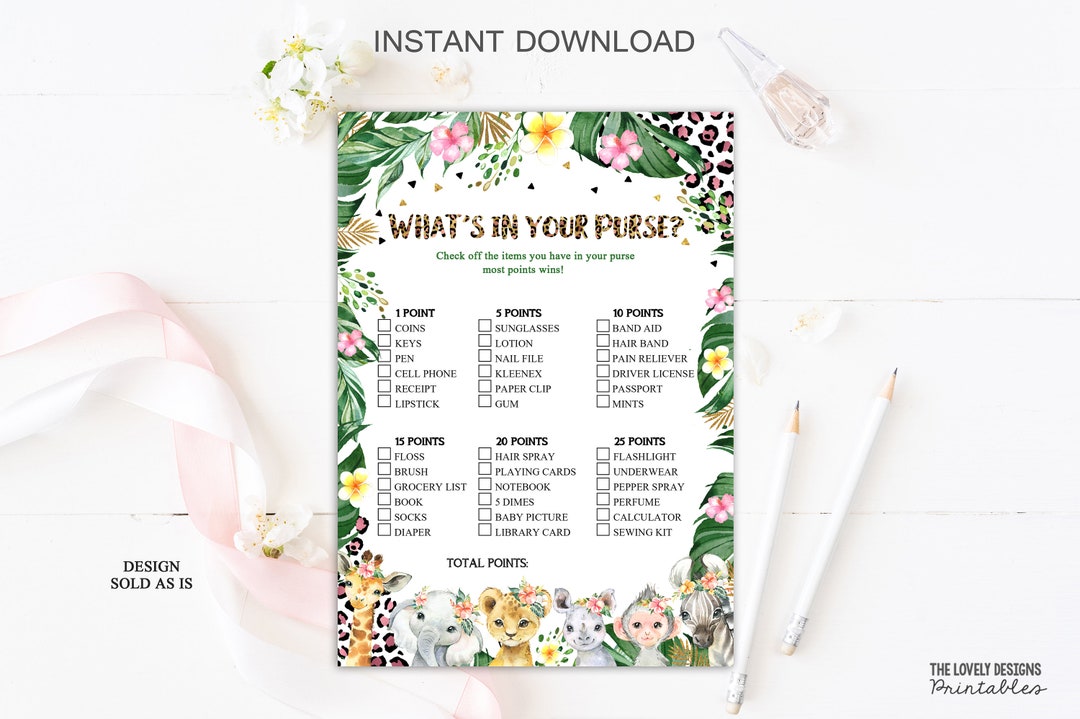 What's in Your Purse Game Leopard Print Baby Shower Game Wild Safari ...