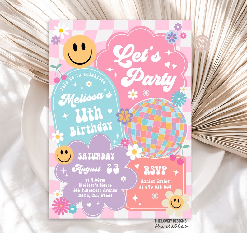 Editable Let's Party Retro Checkered Smile Face Invitation Groovy ...
