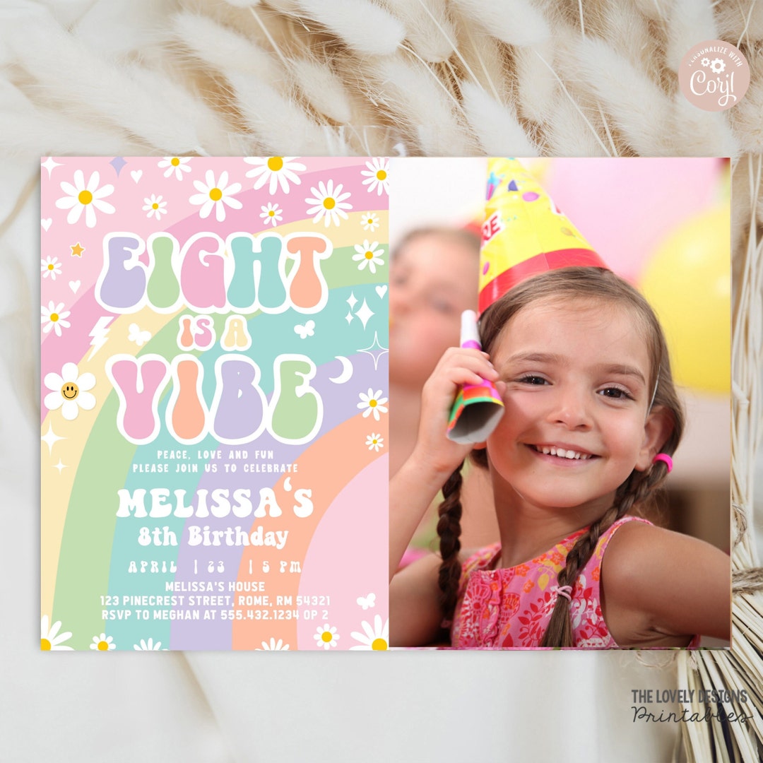 EDITABLE Eight is A Vibe Daisy Groovy 8th Birthday Invitation With ...