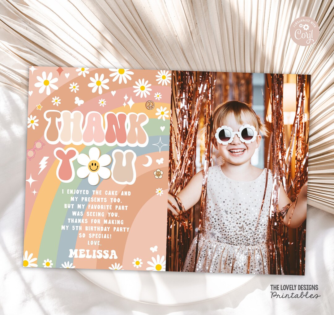 EDITABLE Groovy Thank You Card With Photo Groovy Birthday Rainbow Daisy ...