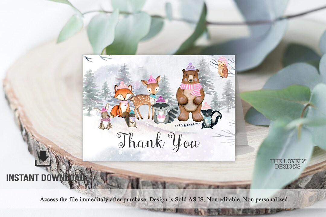 Woodland Folded Thank You Card Printable Woodland Winter Baby Shower ...