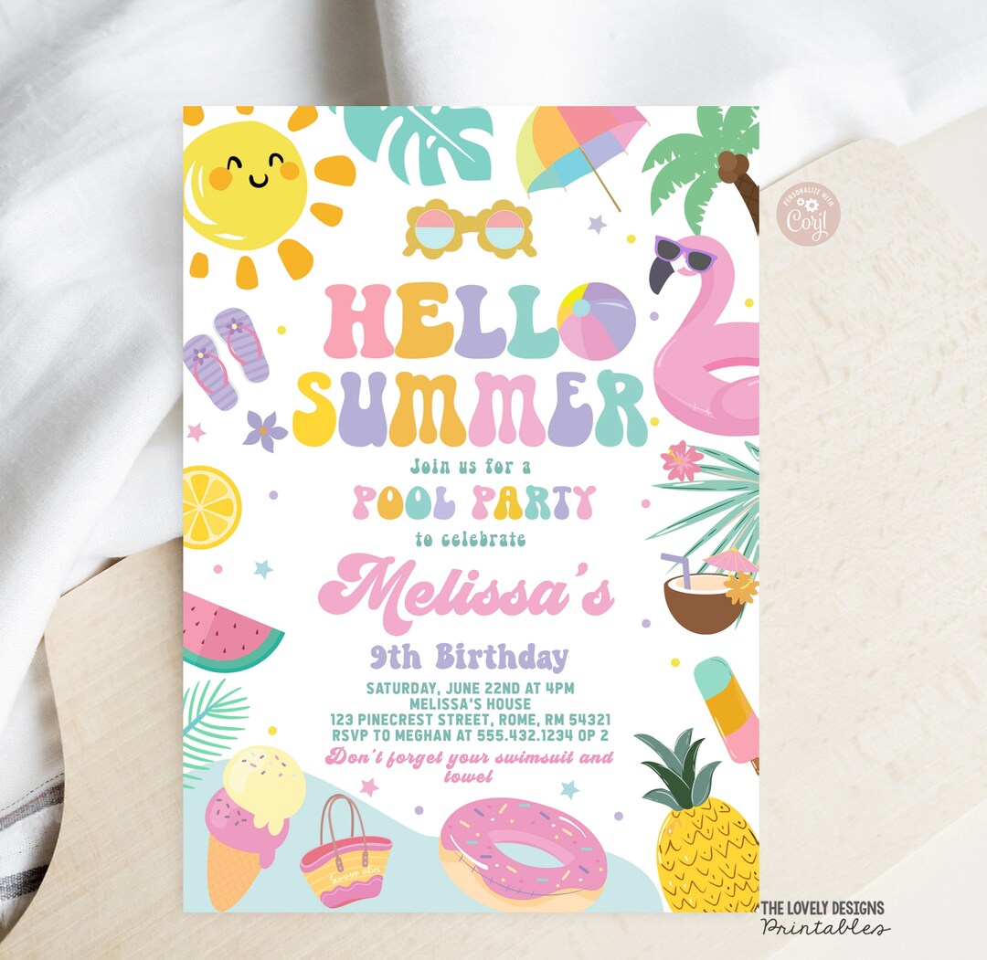 Editable Hello Summer Pool Party Birthday Invitation Girly Splish ...