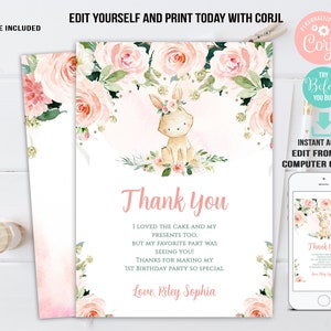 EDITABLE Bunny Thank You Card Bunny Birthday Party Card Easter Thank ...
