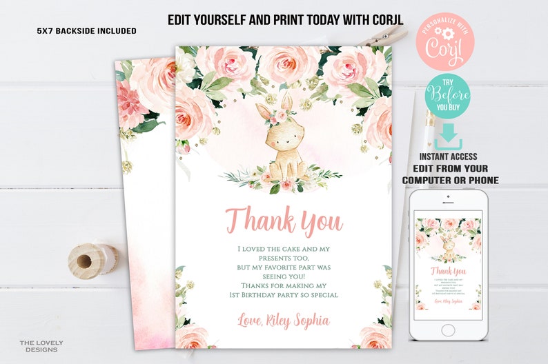 EDITABLE Bunny Thank You Card Bunny Birthday Party Cards | Etsy