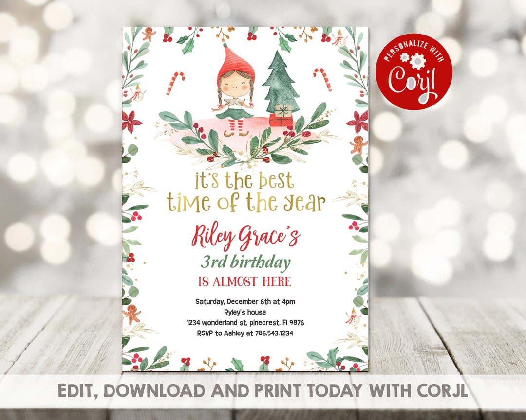 Editable Elf Birthday Invitation: Christmas Party Invite (printable ...