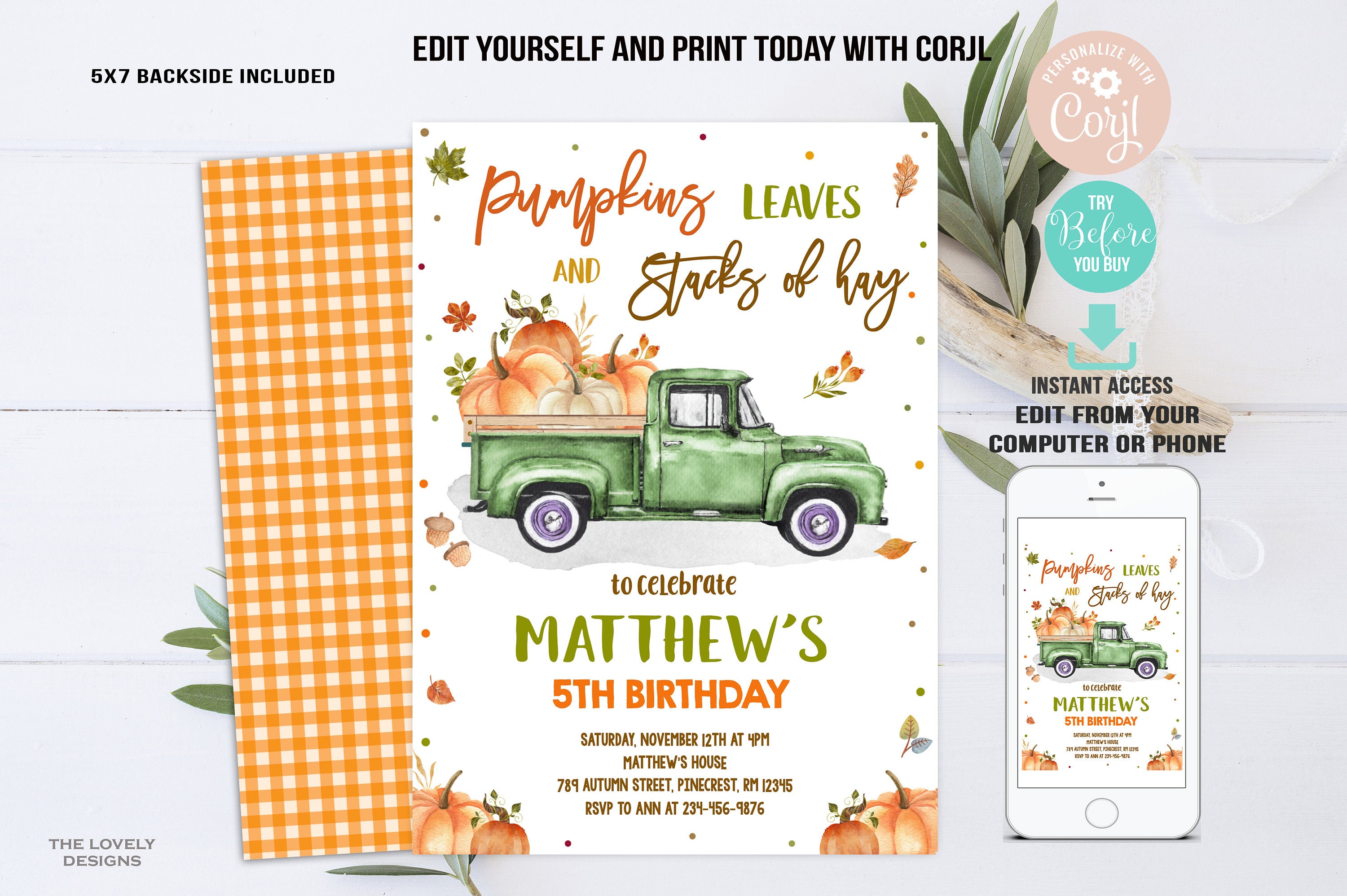 EDITABLE Pumpkin Green Truck Birthday Invitation Pumpkin Patch ...