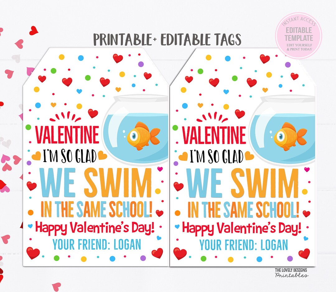 Goldfish Valentine Tags, We Swim in the Same School Tag, Fish Kid ...