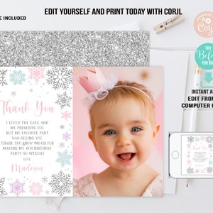 Editable Winter Thank You With Photo Winter Wonderland Birthday Cards ...