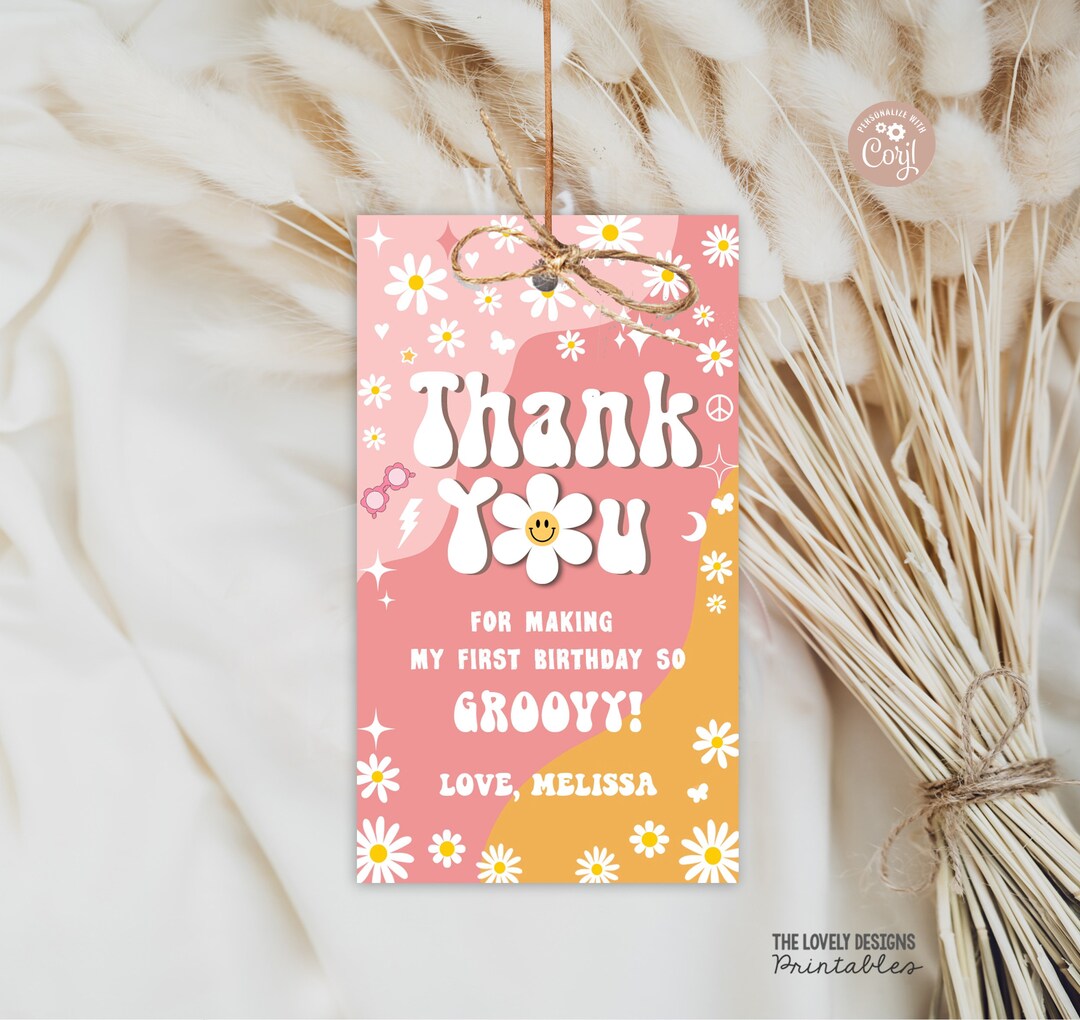 Editable Gift Tag Groovy Birthday Rainbow Pink Yellow Favor Tags Daisy ...