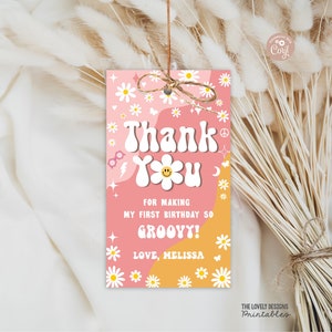 Editable Gift Tag Groovy Birthday Rainbow Pink Yellow Favor Tags Daisy ...