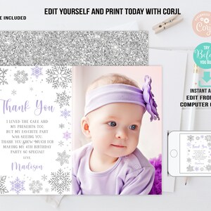 Editable Winter Thank You Card With Photo Winter Wonderland Birthday ...