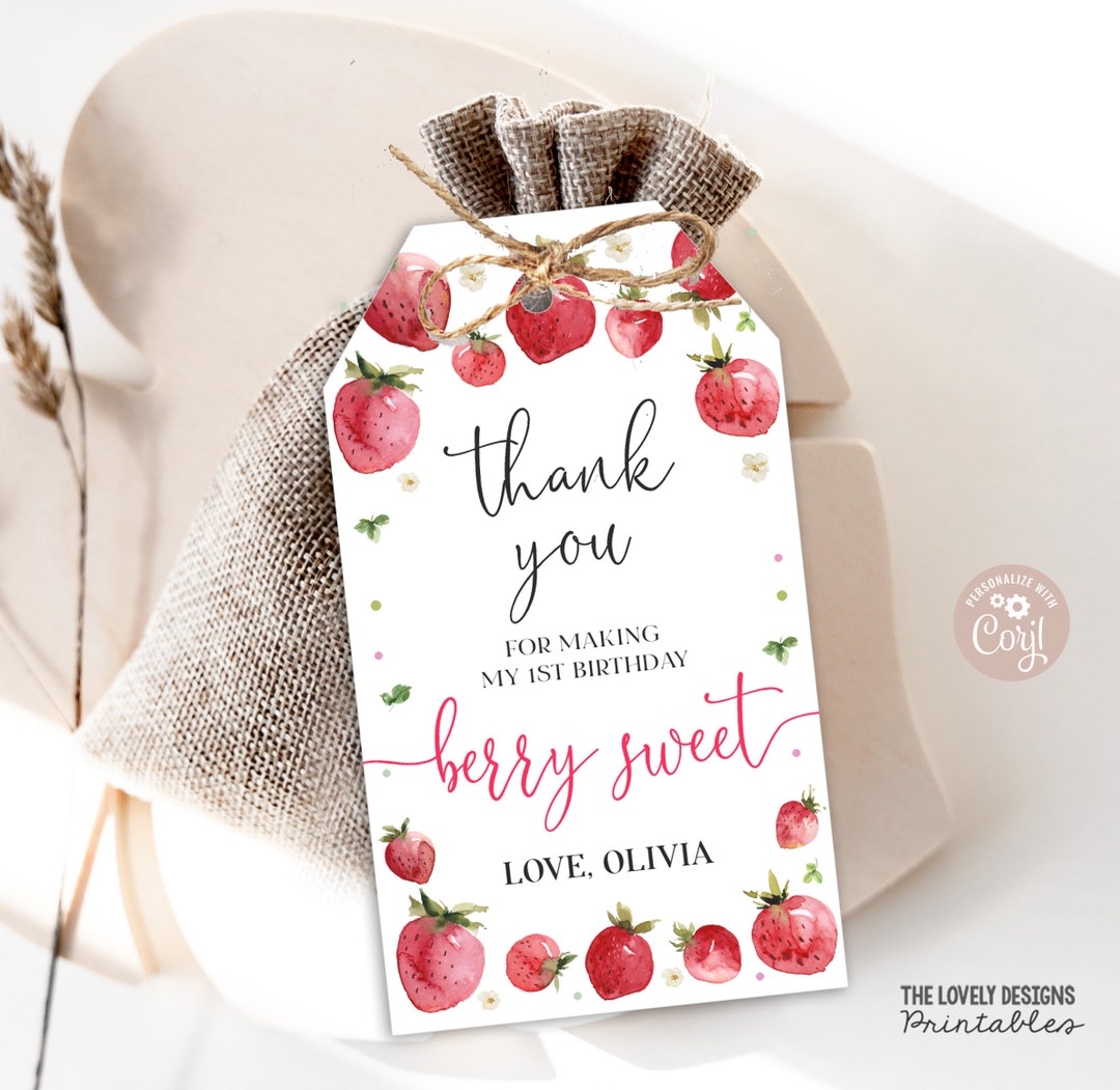 Editable Strawberry Favor Tag Berry Sweet Gift Tags Strawberry Birthday ...