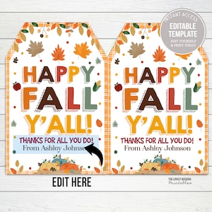 Happy Fall Y'all Gift Tag Appreciation Gift Tag School PTO Staff ...